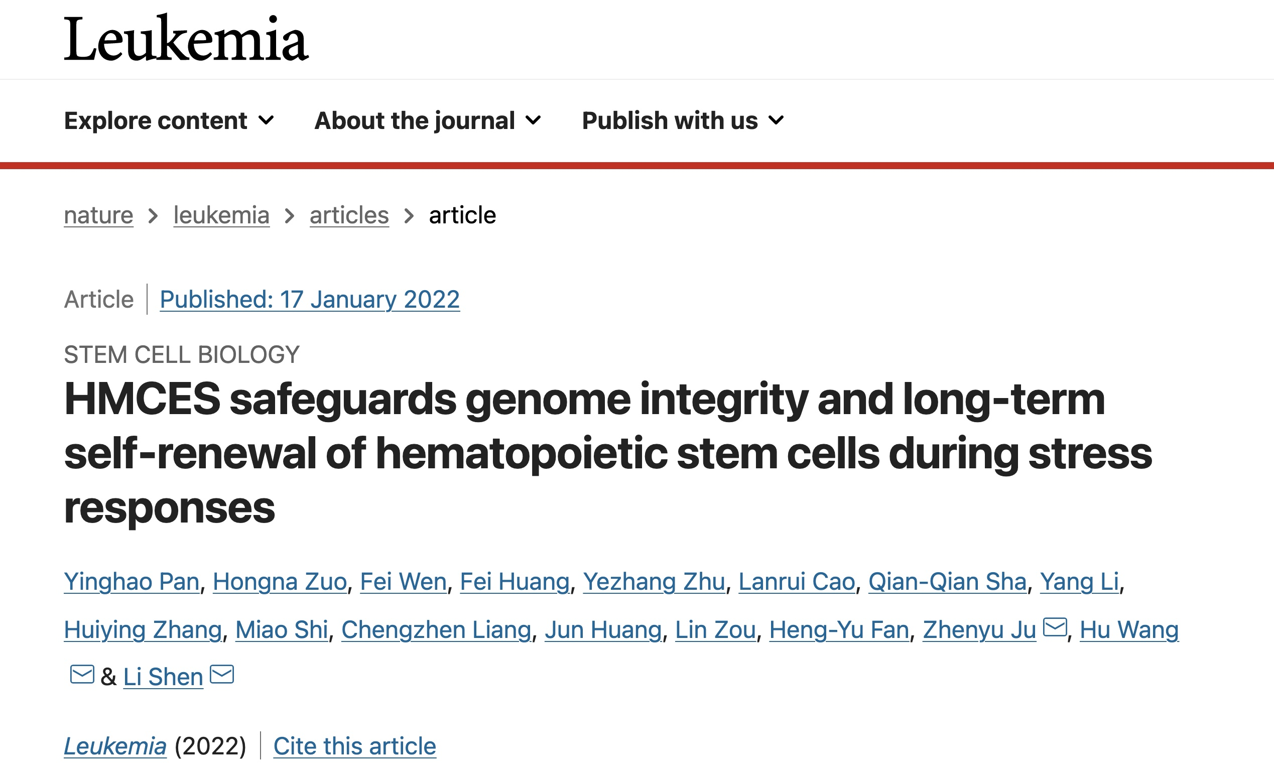 沈立实验室在Leukemia合作发文解析HMCES对长期造血干细胞的保护作用并提出白血病治疗的新靶点